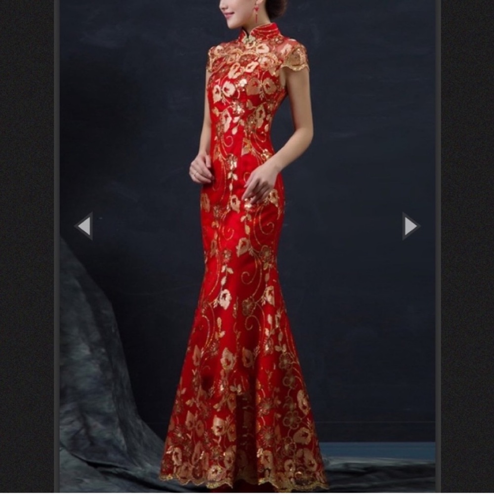 Chinese Cheongsam - Formal Red And Gold Embroidered Q… - Gem